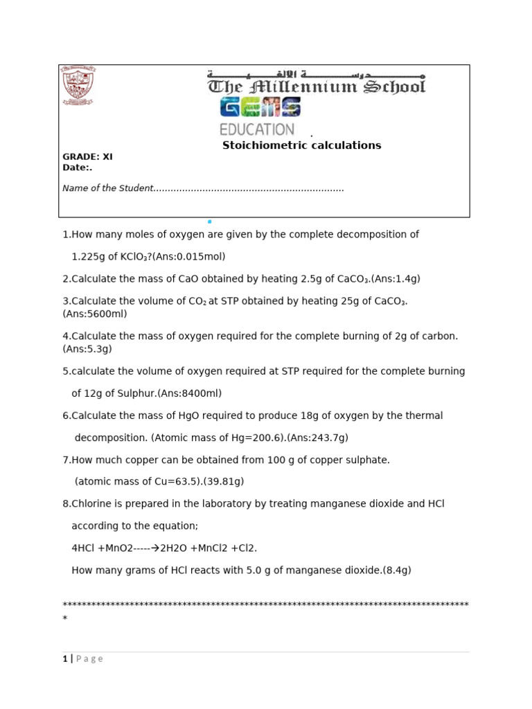 Stoichiometric Calculations Ws | PDF