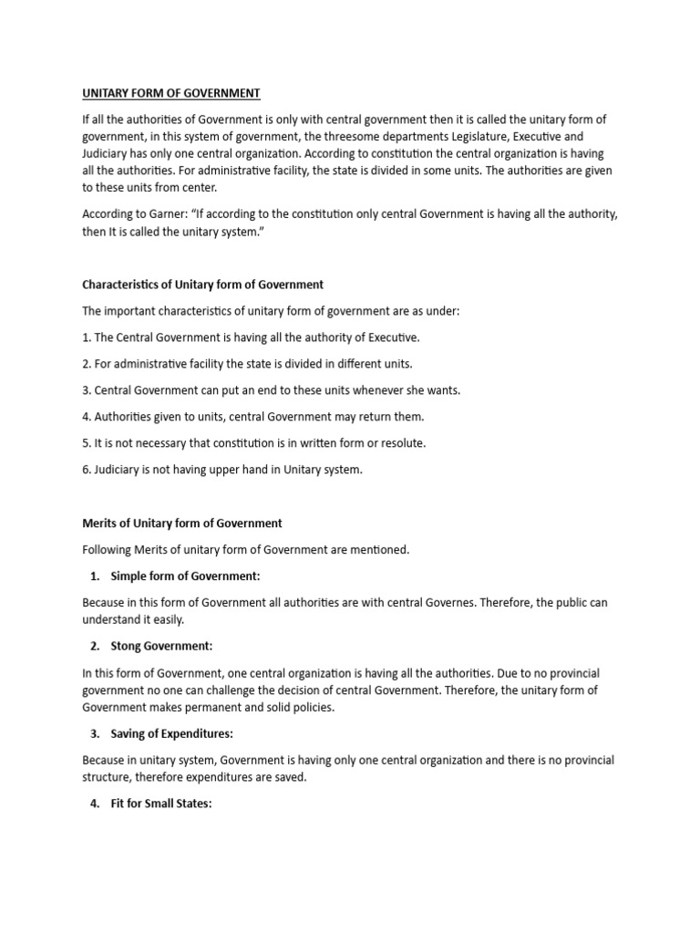 Unitary Form of Government | PDF | Government | Political Science