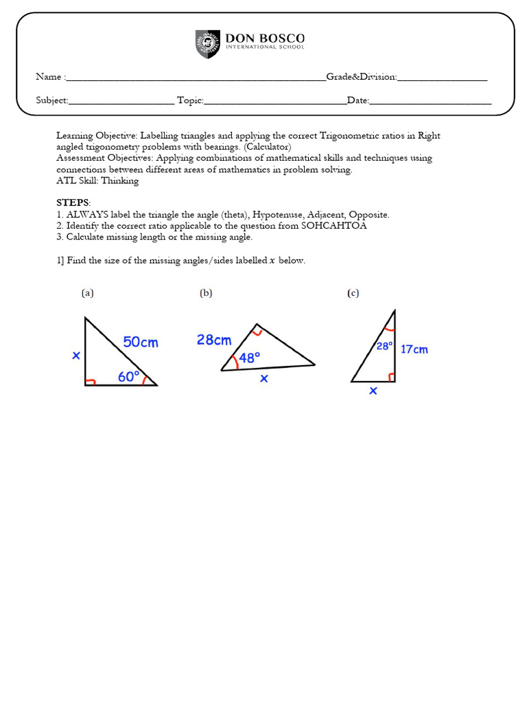 CAIE Trig Right Angled Bearings Calc WS 01 | PDF | Trigonometry | Area