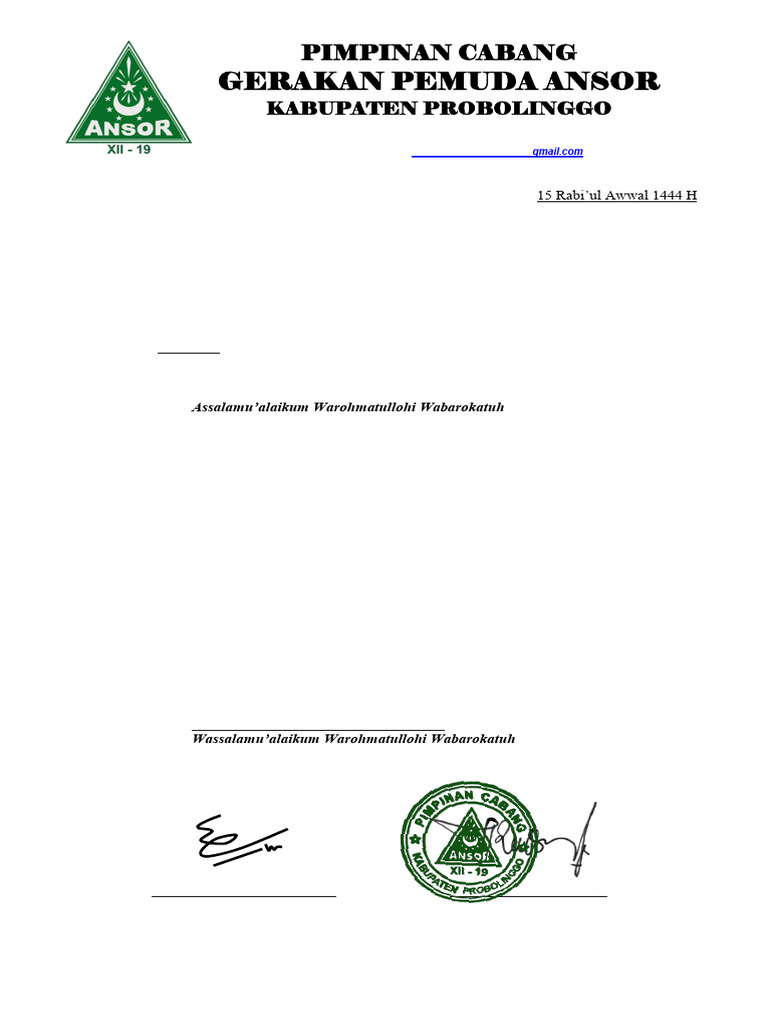 Contoh Permohonan Rekomendasi SK PC GP Ansor Kab. Prob 2022_2026 | PDF