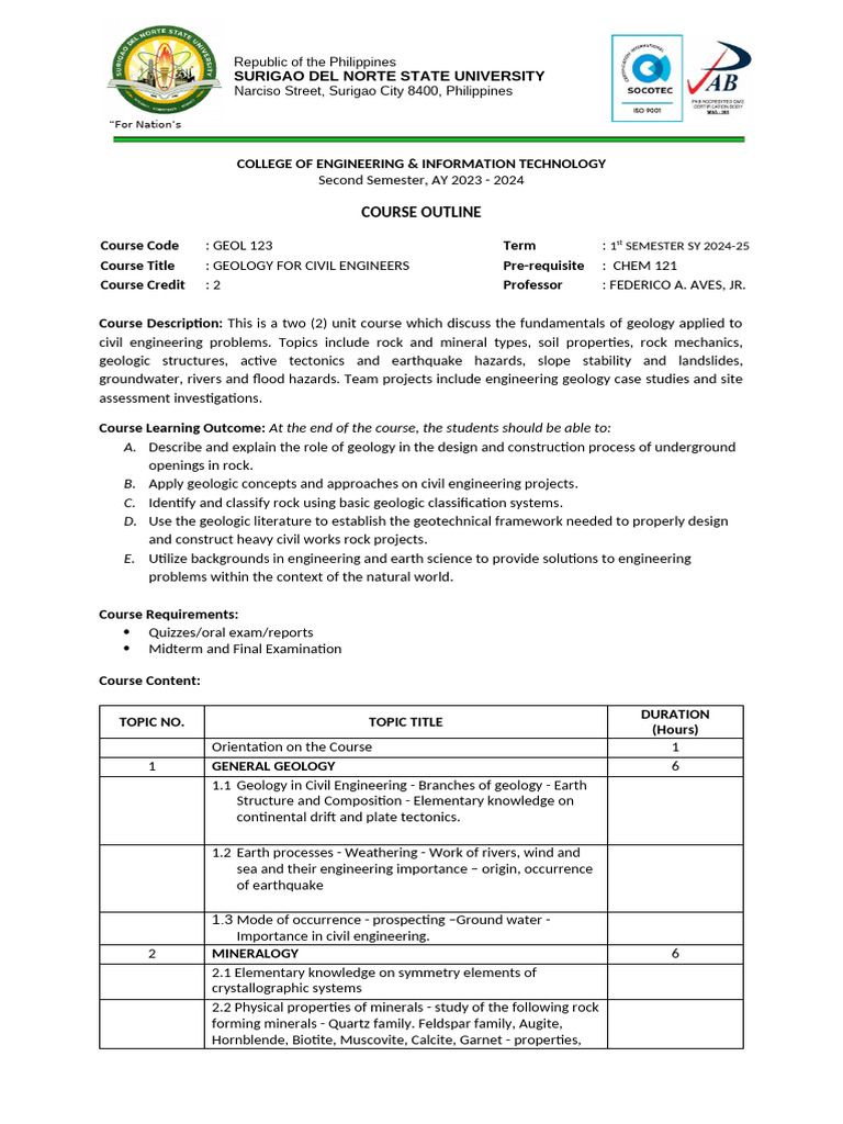 GEOL 123 Course Outline 1st Sem 2024 2025 | PDF | Rock (Geology) | Geology