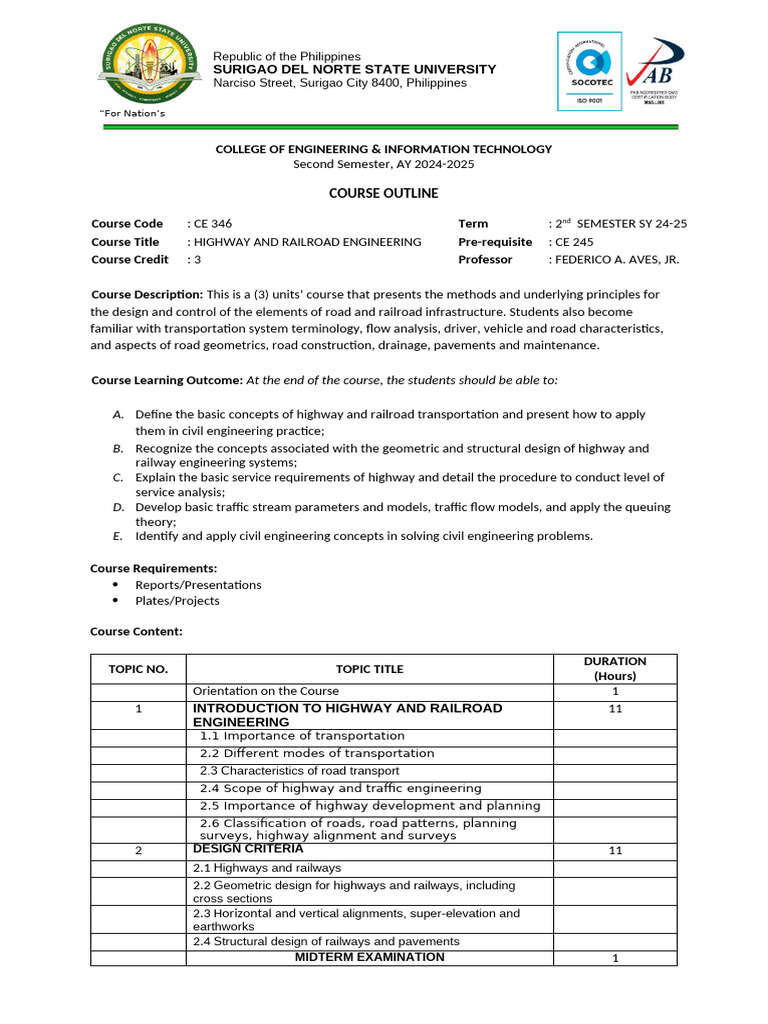 CE 346 Course Outline Template 2nd Sem SY202 25 | PDF | Road | Engineering