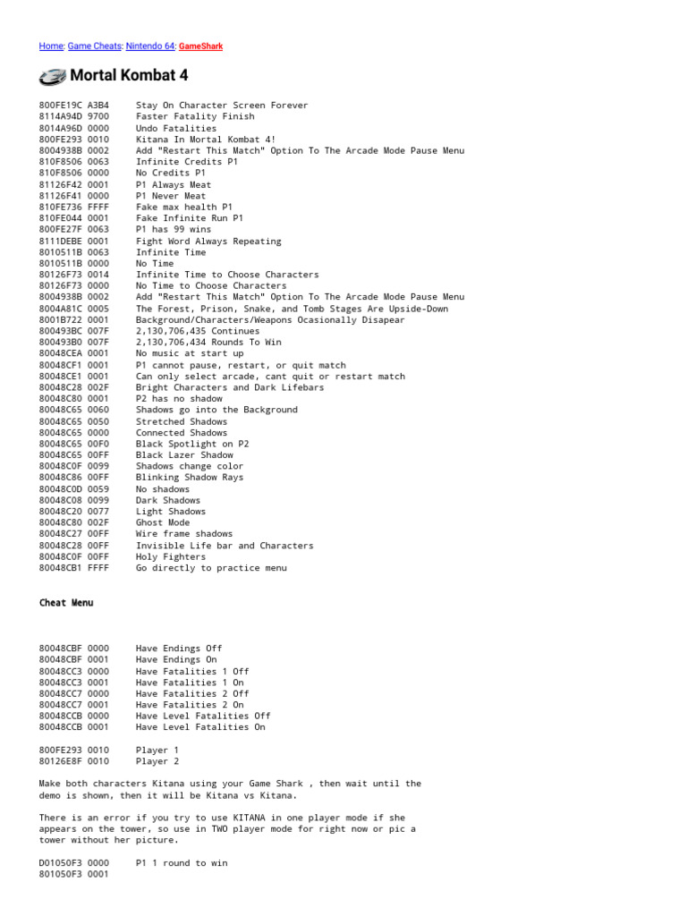Nintendo 64 (GameShark) Codes - Mortal Kombat 4 | PDF