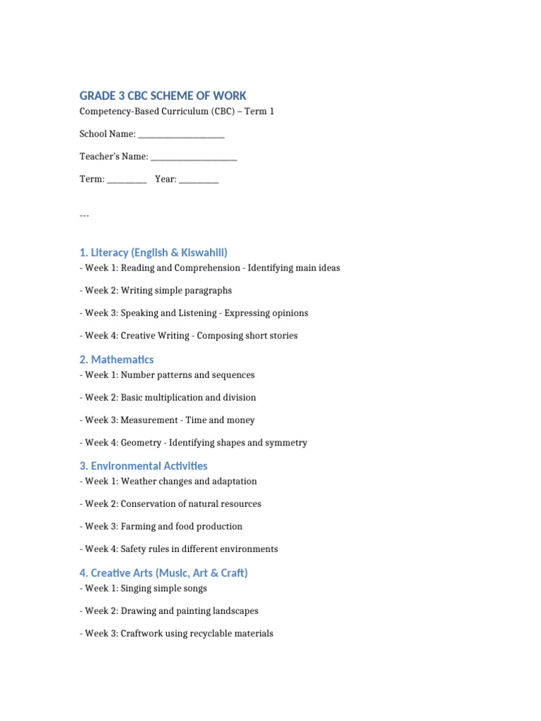 Grade 3 CBC Term 1 Scheme of Work | PDF