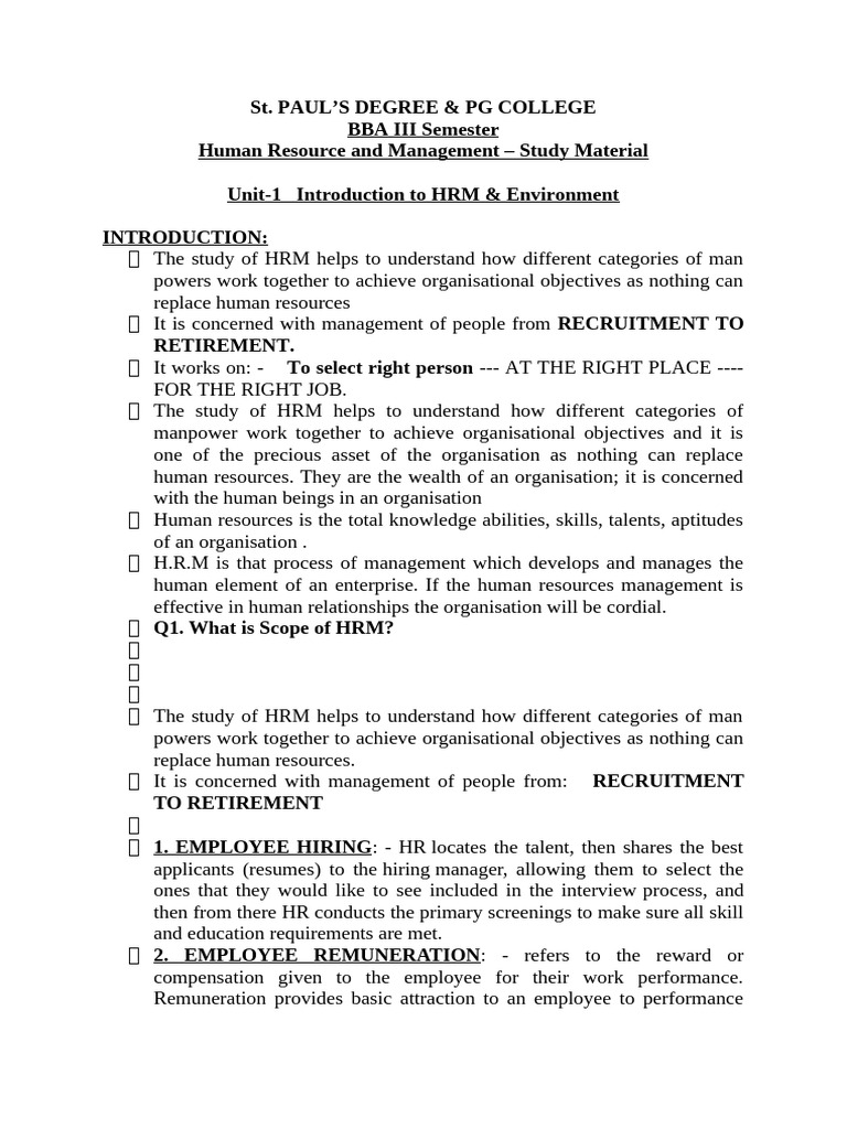 HRM Study Material for BBA Students | PDF | Human Resource Management ...