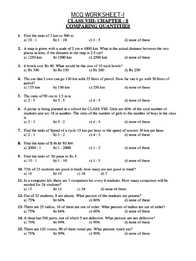 Class VIII Comparing Quantities Worksheet | PDF | Interest | Compound ...