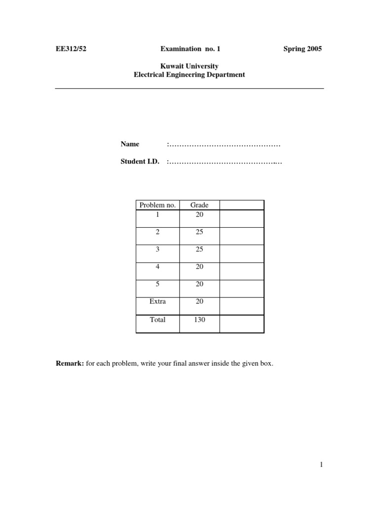 EE312 Spring 2005 Exam Papers | PDF | Cybernetics | Systems Theory