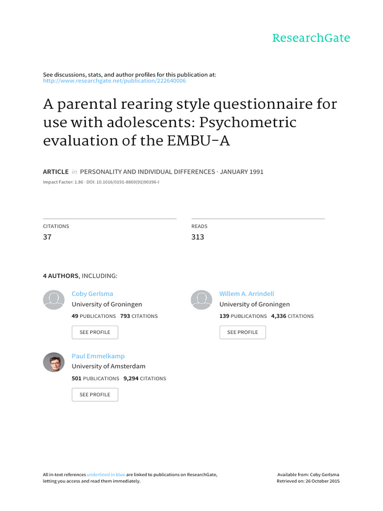 Psychometric Evaluation of The EMBU-A | PDF | Validity (Statistics) | Factor Analysis