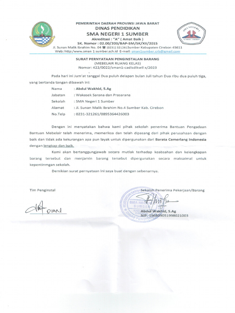 Surat Bantuan Pemasangan Sarpras - Kursi Meja | PDF