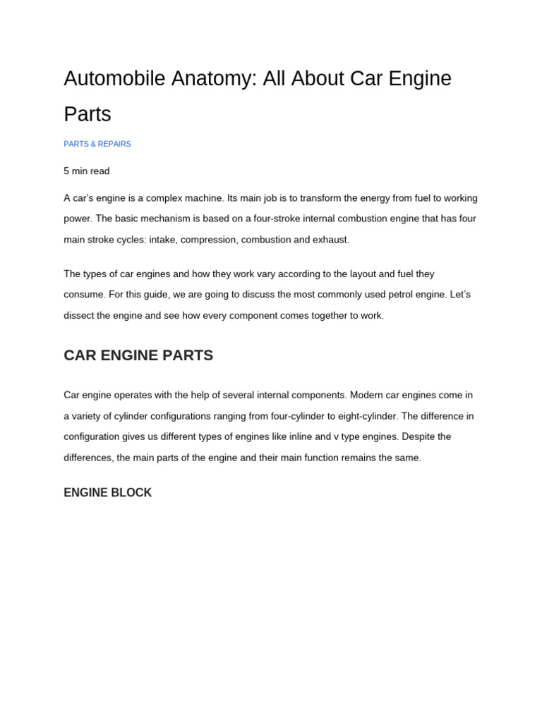 Automobile Anatomy - All About Car Engine Parts | PDF | Internal ...