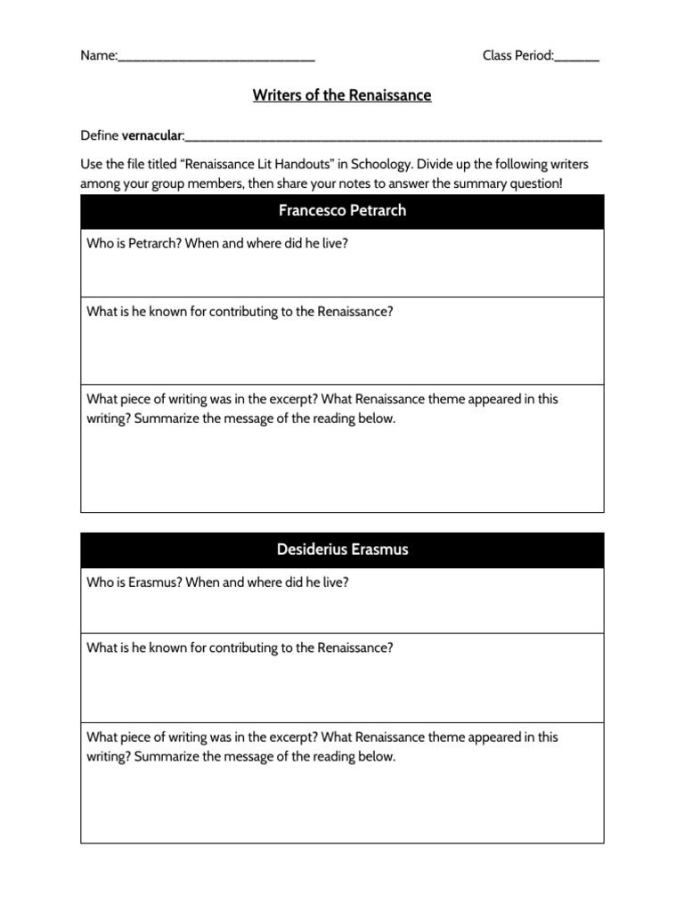 Copy of Renaissance Lit Jigsaw Worksheet | PDF | Renaissance | Middle Ages