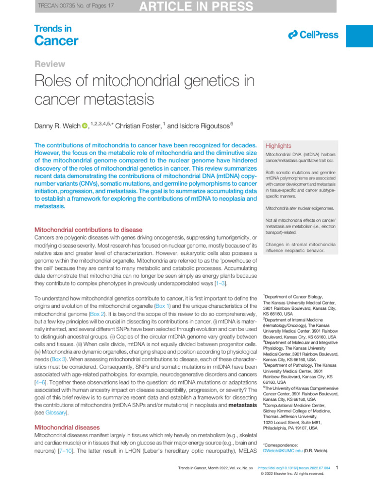 Roles of Mitochondria in Cancer Metastasis | PDF | Mitochondrial Dna ...