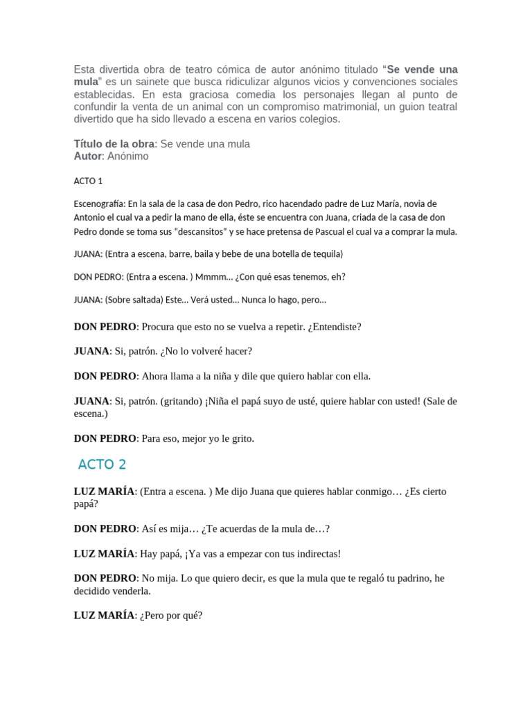 Esta Divertida Obra de Teatro Cómica de Autor Anónimo Titulada | PDF