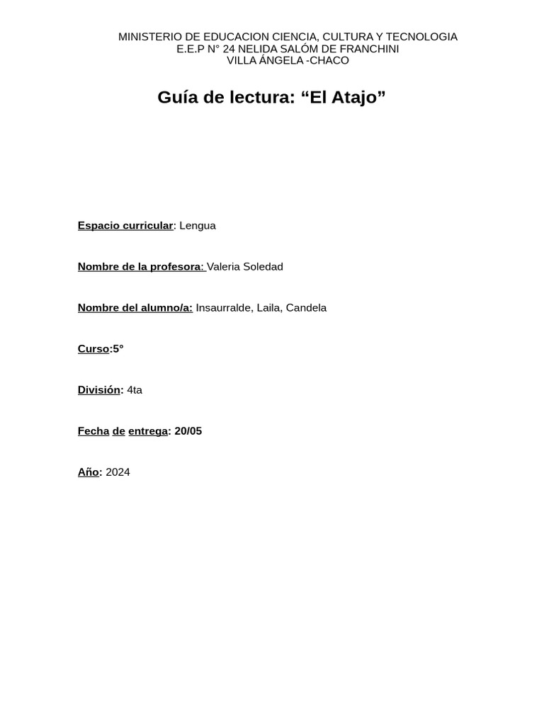 Guía de Lectura: "El Atajo" Resumen | PDF