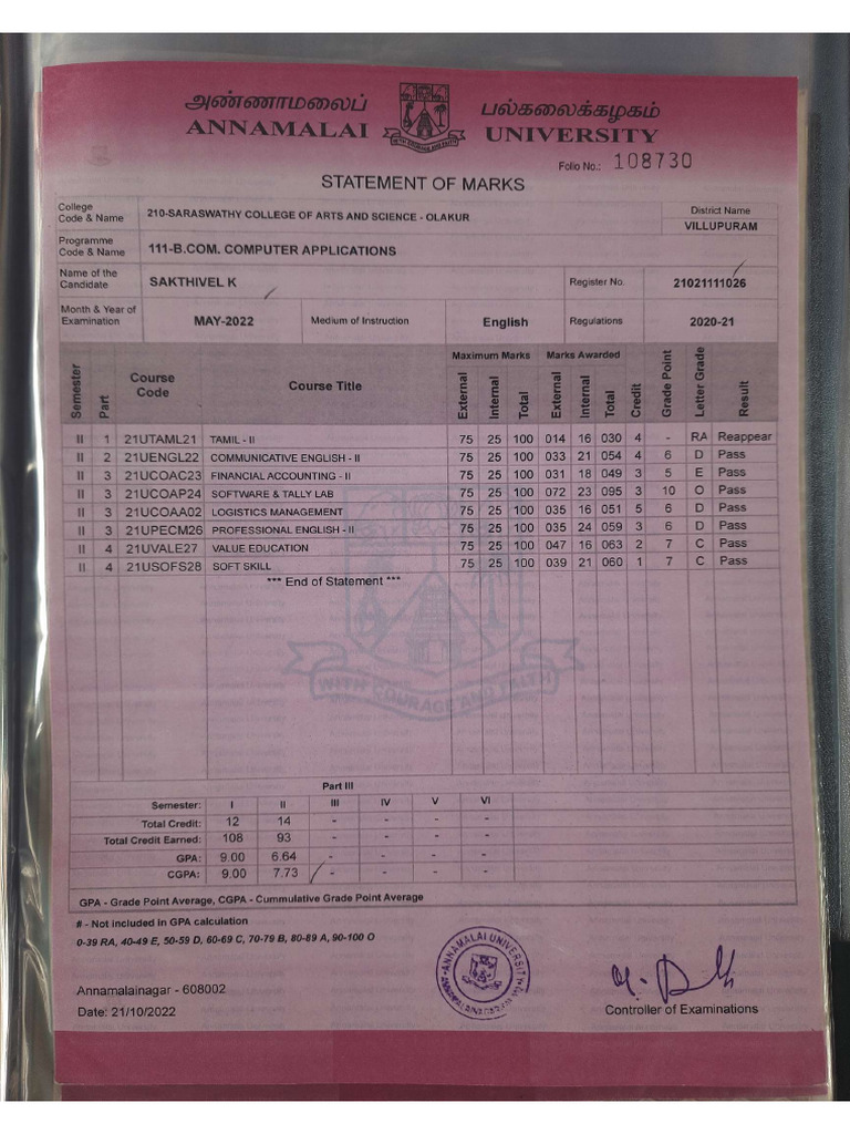 Mark Sheet 2 | PDF