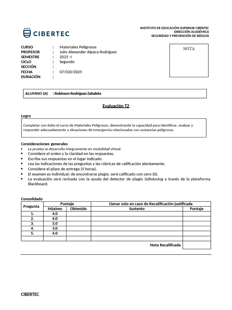 EVALUACION T2 Materiales Peligrosos | PDF