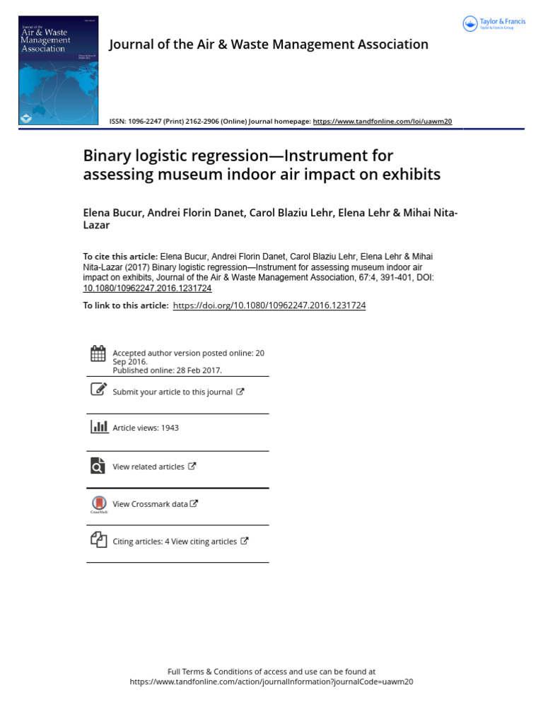 Binary Logistic Regression Instrument For Assessing Museum Indoor Air Impact On Exhibits | PDF ...
