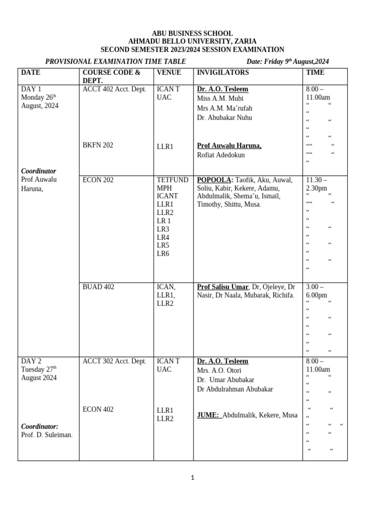 Provisional Exam - Time - Table 2nd 2023 2024 - AUGUST 111 Docx ALL DEPARTMENTS | PDF