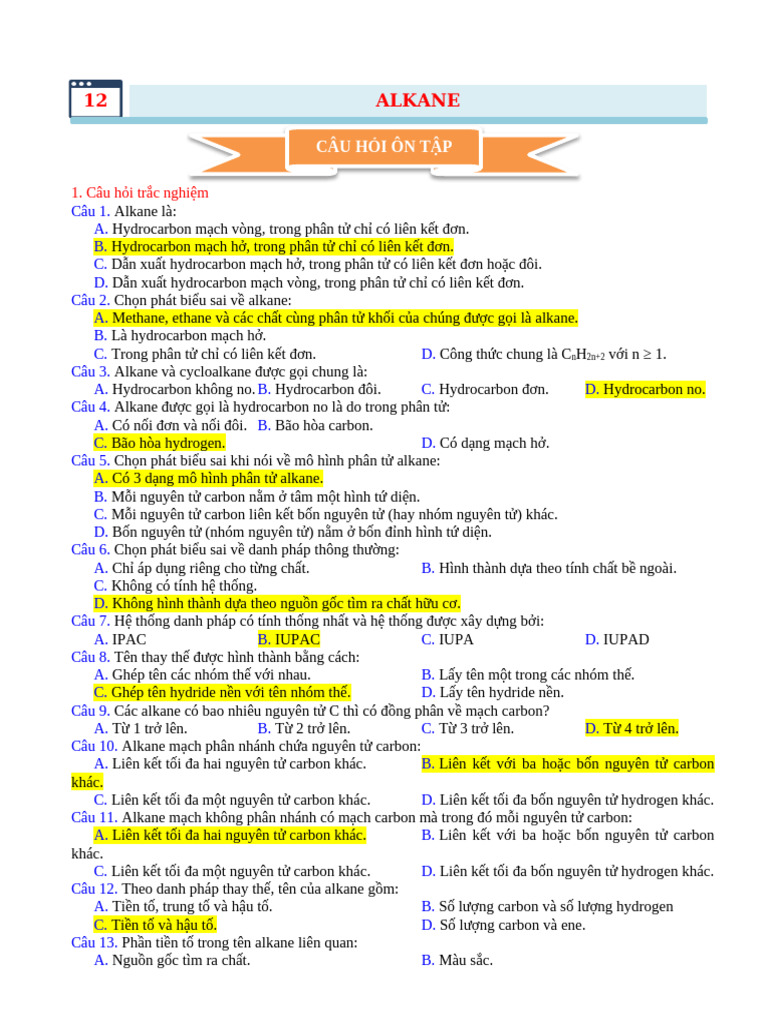 HỌC SINH - Bai Tap Alkane - Alkene - Alkyne. | PDF