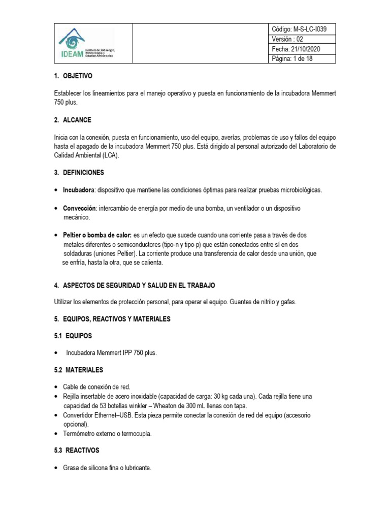 Instructivo Incubadora Memmert IPP 750 Plus | PDF