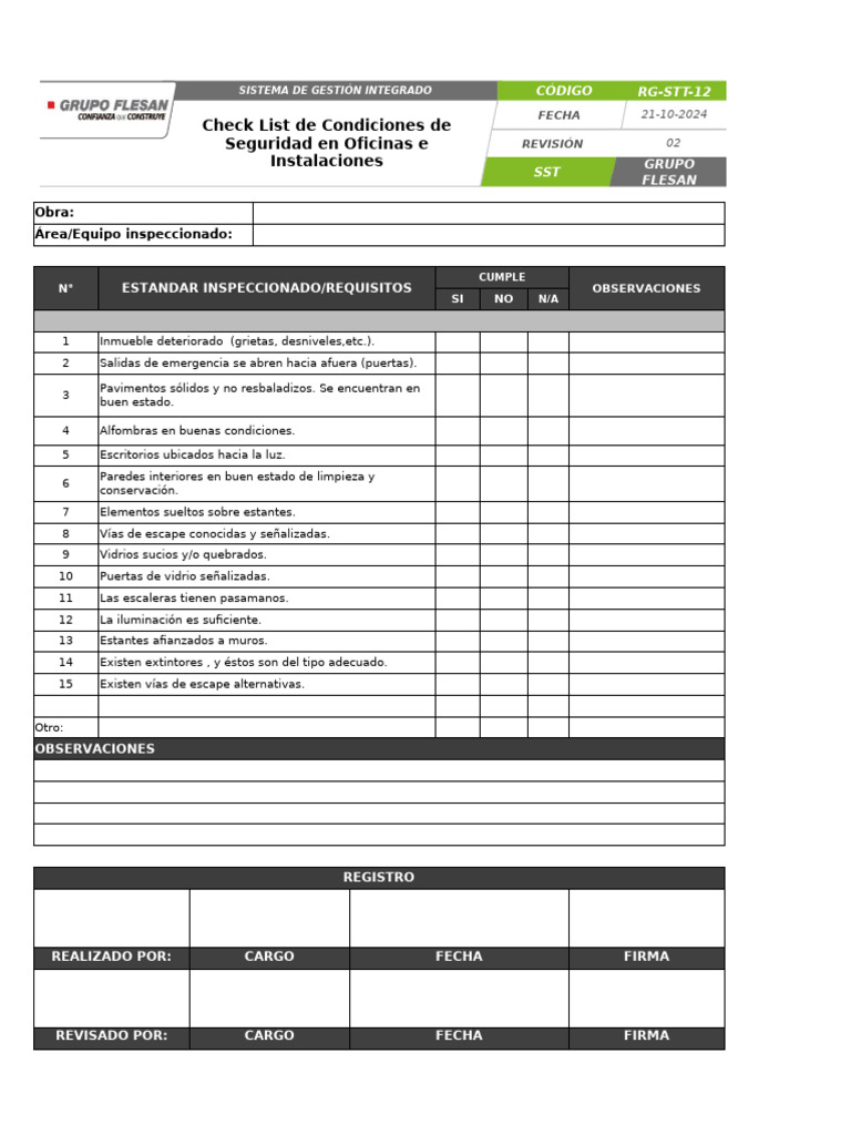 Check List de Condiciones de Seguridad en Oficinas e Instalaciones | PDF