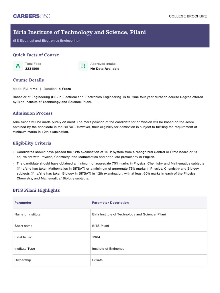 BE Electrical and Electronics Engineering-BITS Pilani - Admission-Details - 20250121103953 | PDF