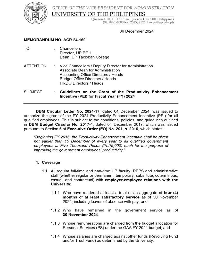Memorandum No. ACR 24-160 - Guidelines On The Grant of The Productivity ...