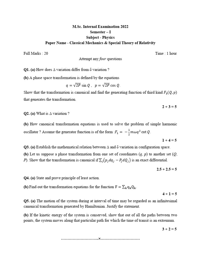 M.Sc. Physics Exam: Classical Mechanics | PDF