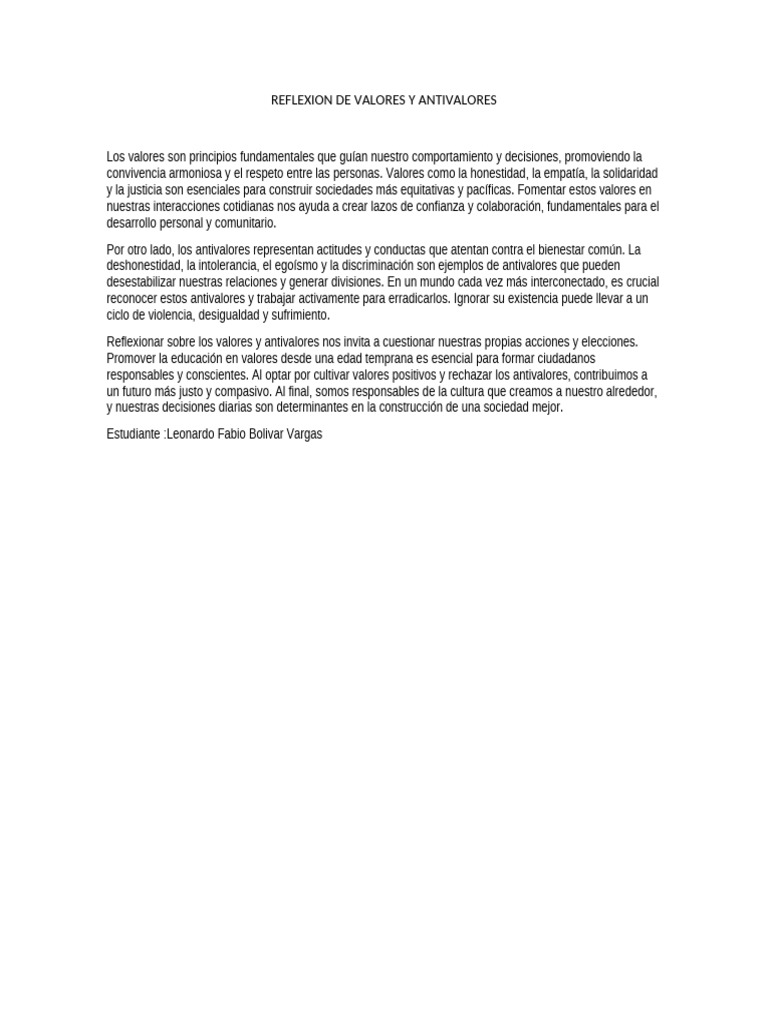 Reflexión sobre valores y antivalores | PDF