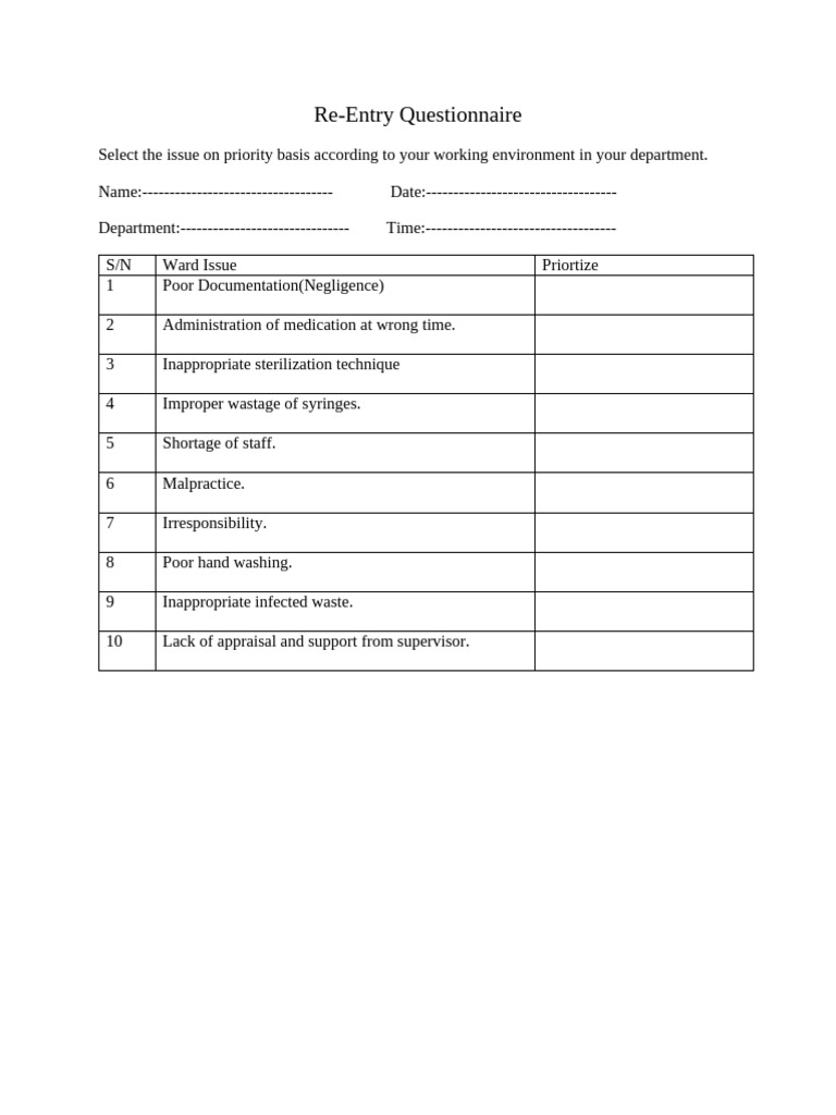 Re - Entry Questionair | PDF
