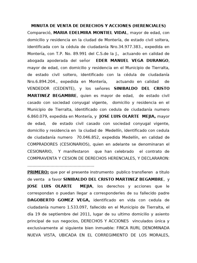 Minuta de Venta de Derechos Eder Manuel Vega Durango 01 | PDF | Derecho ...