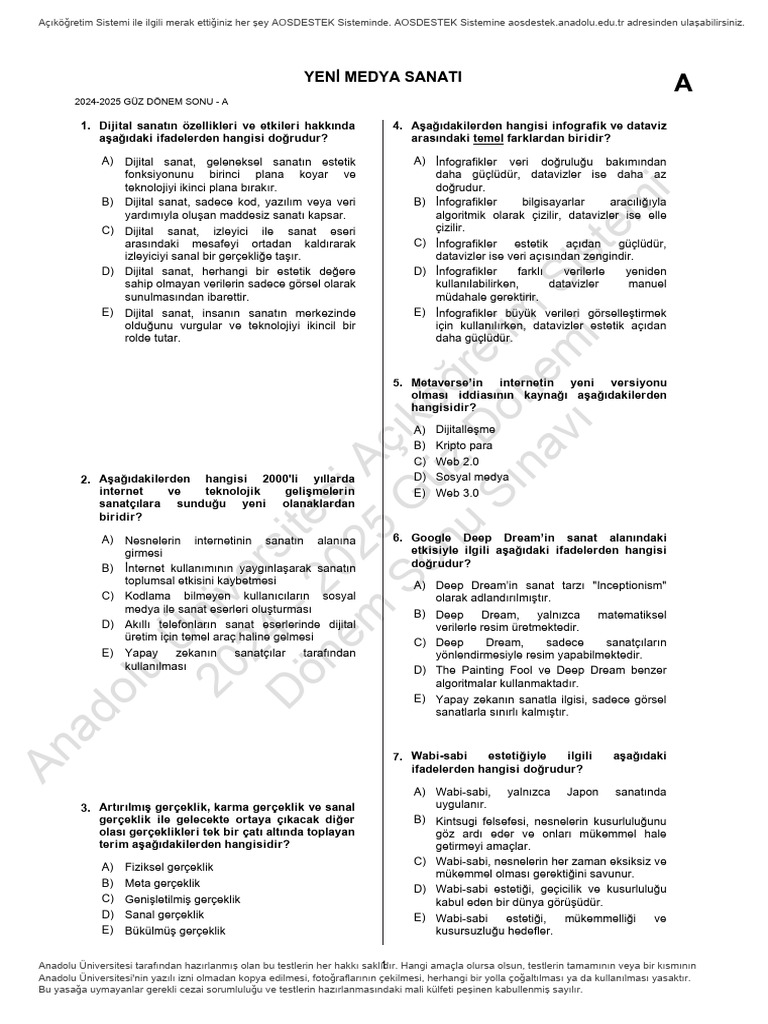Yms 2024-2025 Güz Dönem Sonu - A | PDF