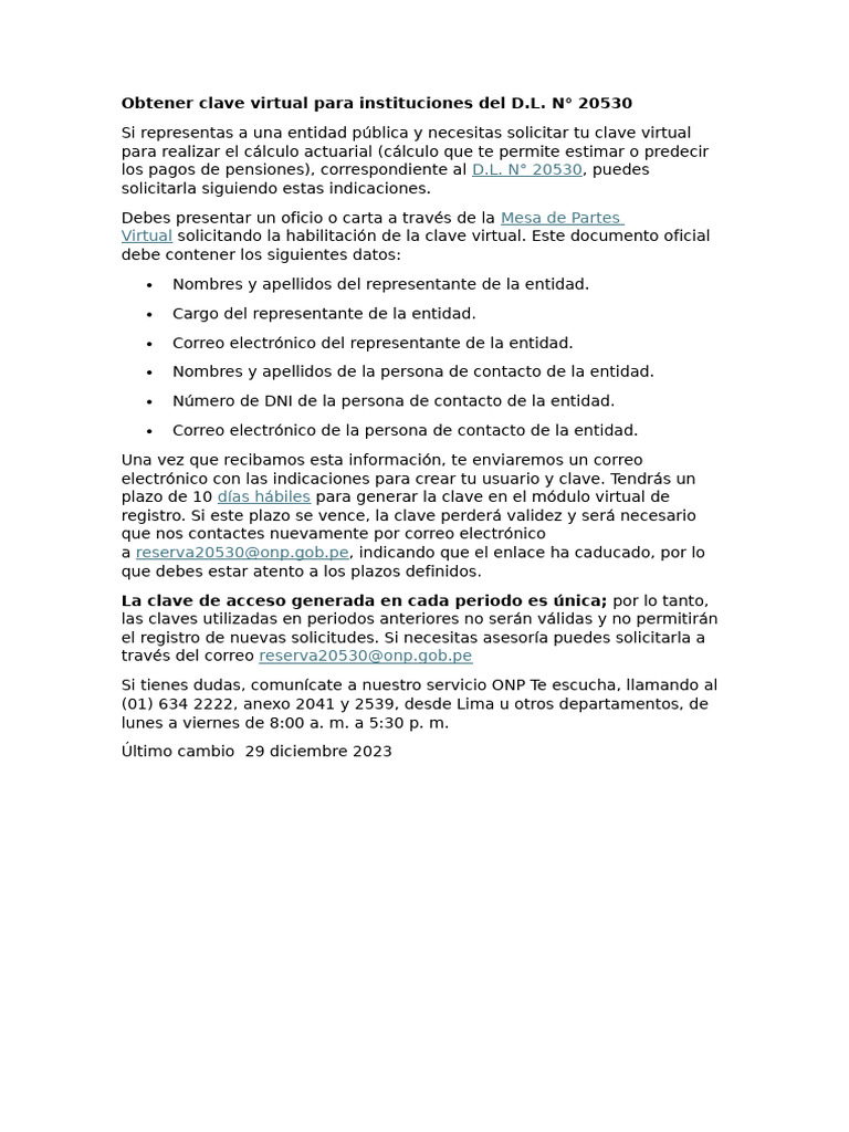 Clave Virtual D.L. N° 20530 para Entidades | PDF