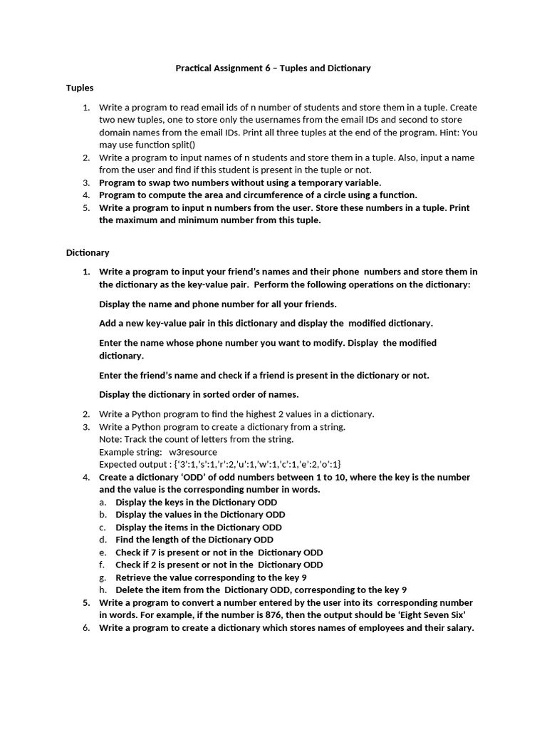 Practical Assignment 6 - Tuples and Dictionary | PDF | Numbers | String ...