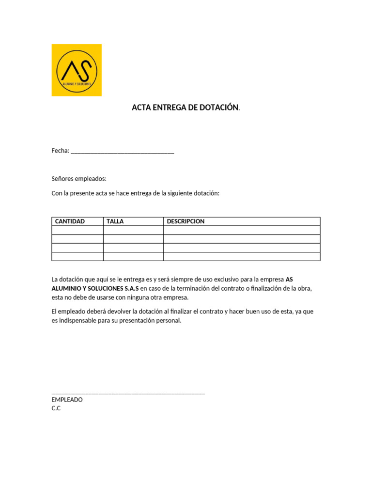 Acta Entrega de Dotación | PDF