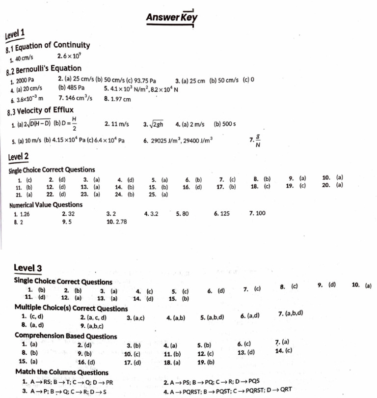 Answer Key (Fluid Dynamics) | PDF