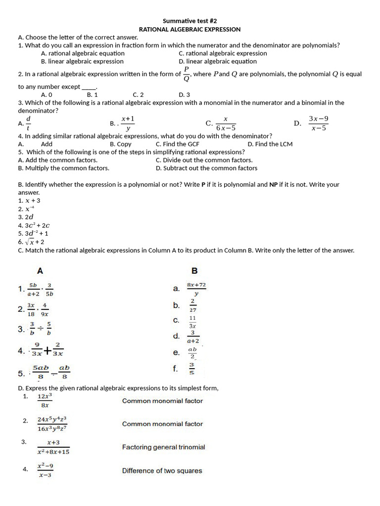 Summative test- RATIONAL ALGEBRAIC EXPRESSION | PDF
