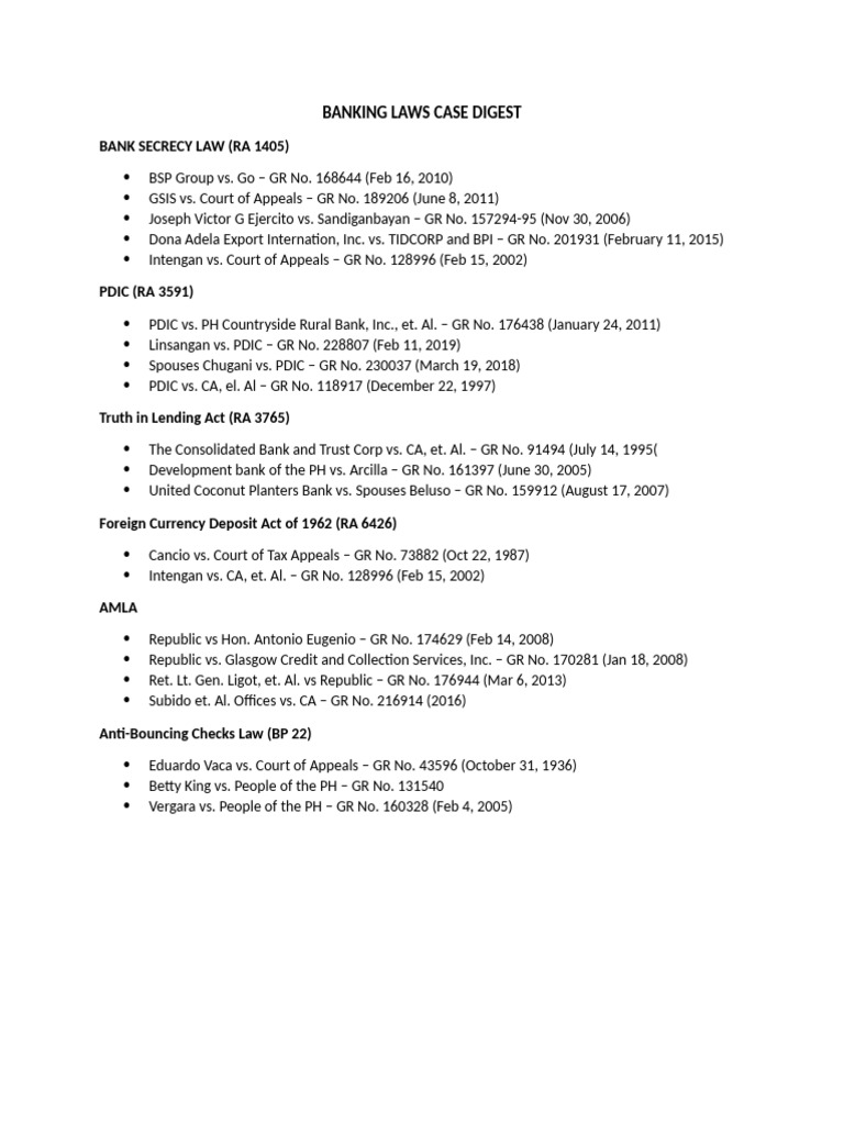 Banking Laws Case Digest Overview | PDF