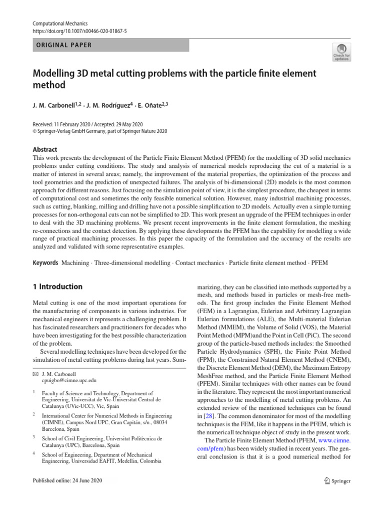 Modelling 3D Metal Cutting Problems With the Particle Finite Element Method | PDF | Finite ...
