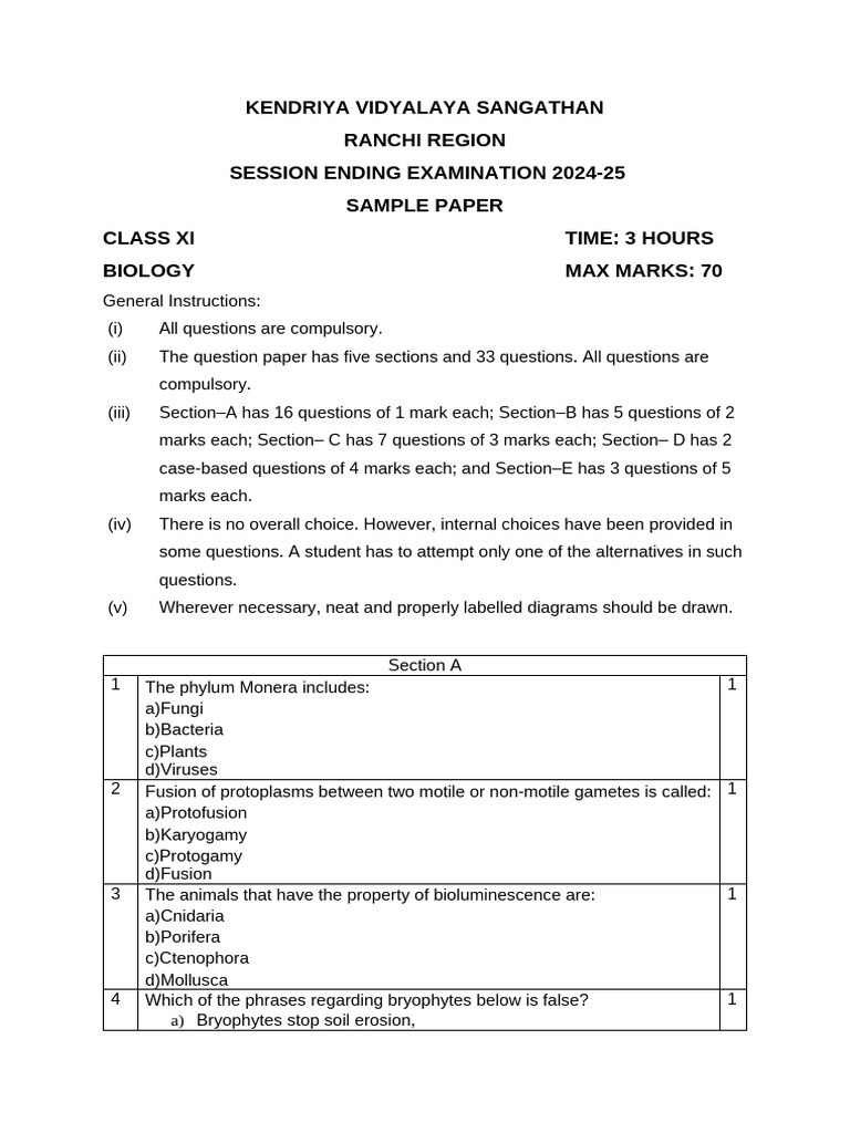 SSE_XI_BIO_QP SAMPLE PAPER (1) | PDF | Anatomy | Biochemistry