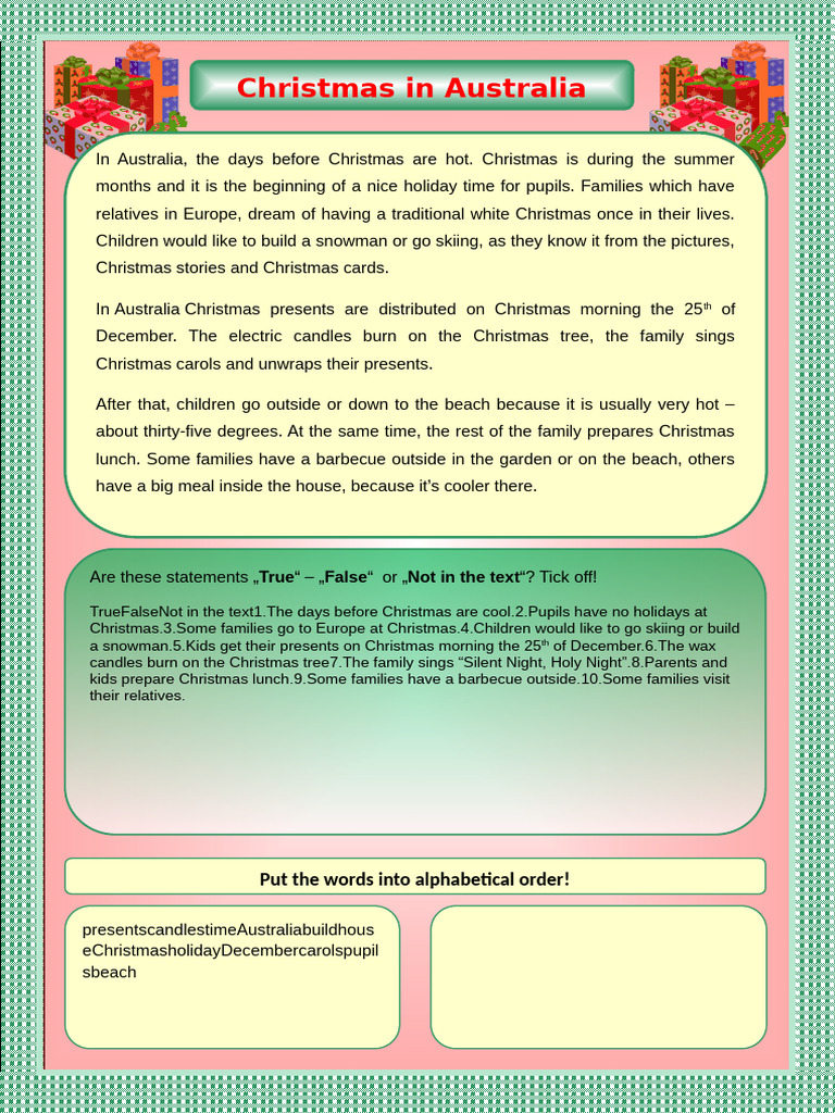 Christmas in Australia Reading Comprehension Exercises - 14365 | PDF