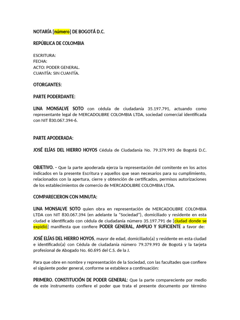Minuta de Poder General en Colombia | PDF