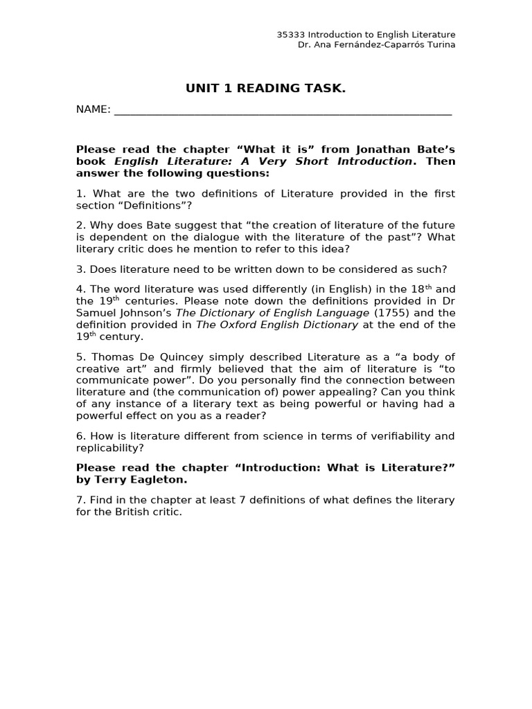 English Literature Reading Task | PDF