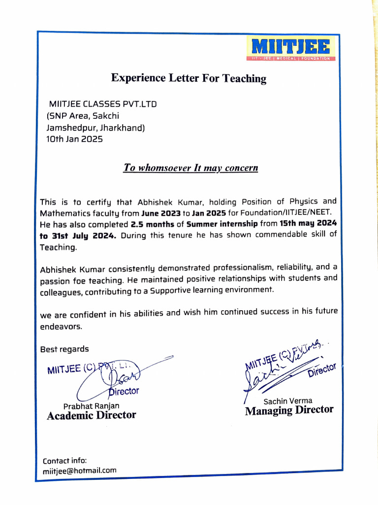 Miitjee: Experience Letter For Teaching | PDF