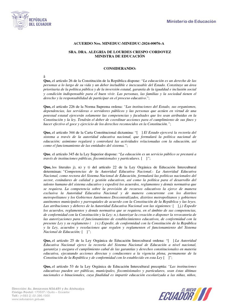 ACUERDO Nro. MINEDUC-MINEDUC-2024-00076-A | PDF | Institución | Regulación