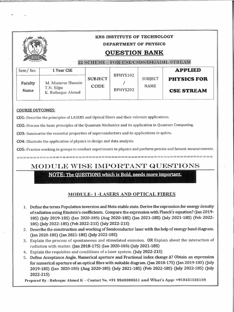 Cse-Phy-Question Bank-Vtu | PDF