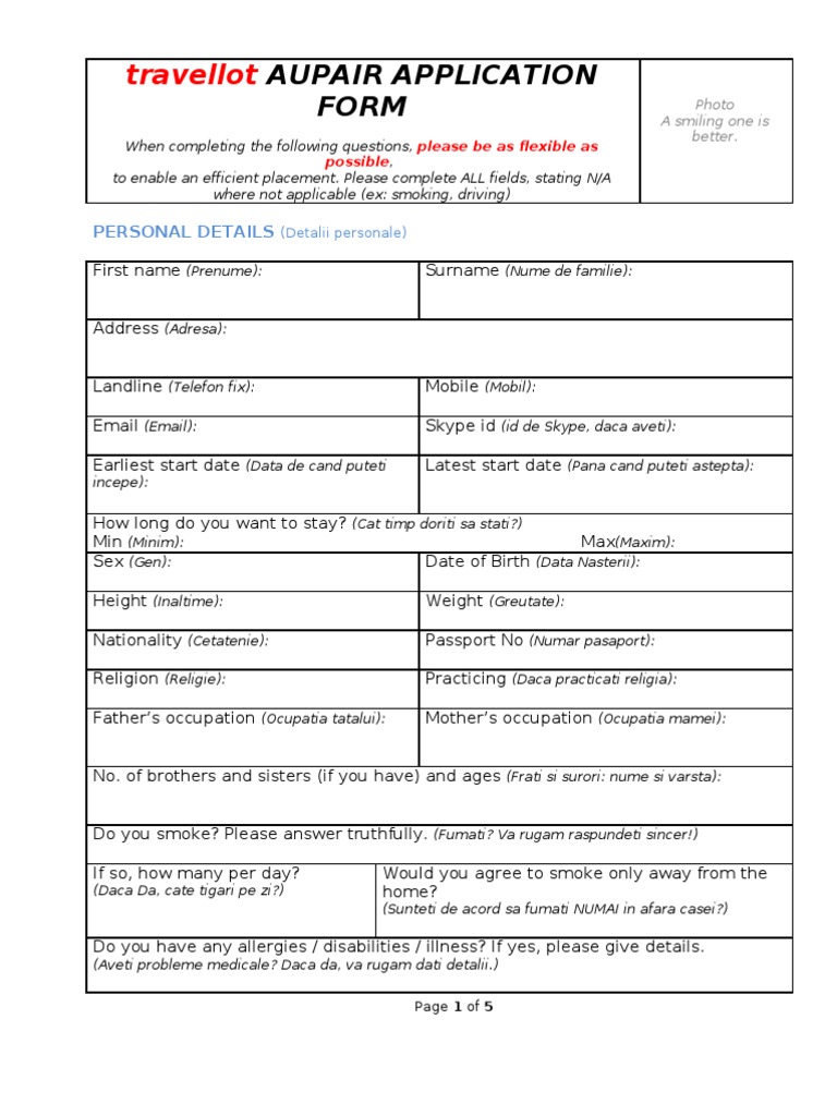 Travellot Au Pair Application Form | PDF | Language Arts & Discipline