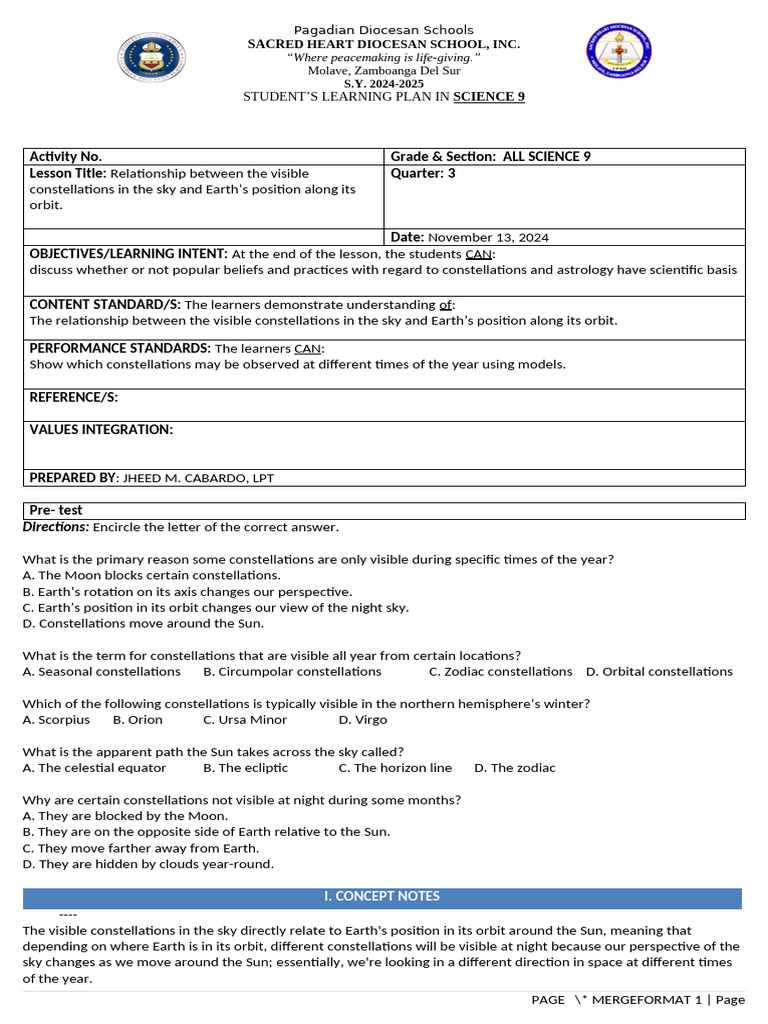 Third Quarter Learning Plan Grade 9 Orbit | PDF | Constellation | Sky