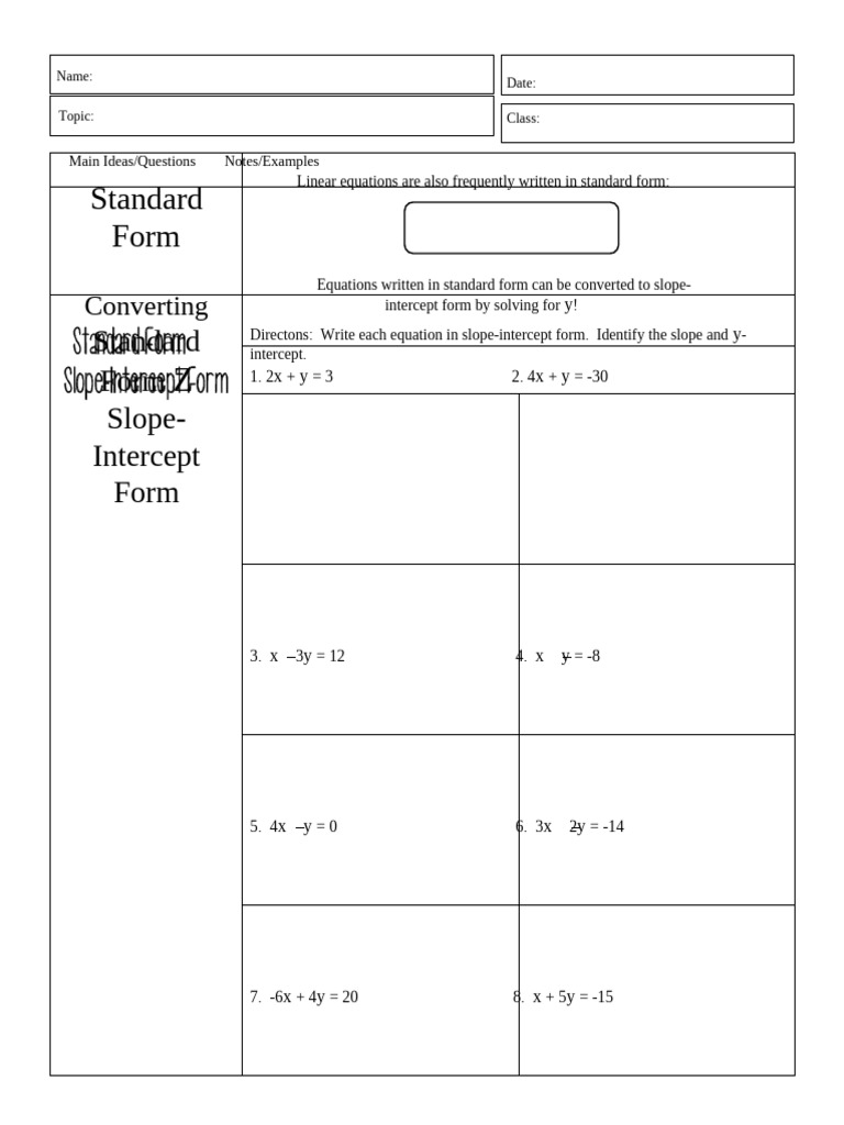 Converting Standard Form into Slop Intercept Form NOTES blank | PDF