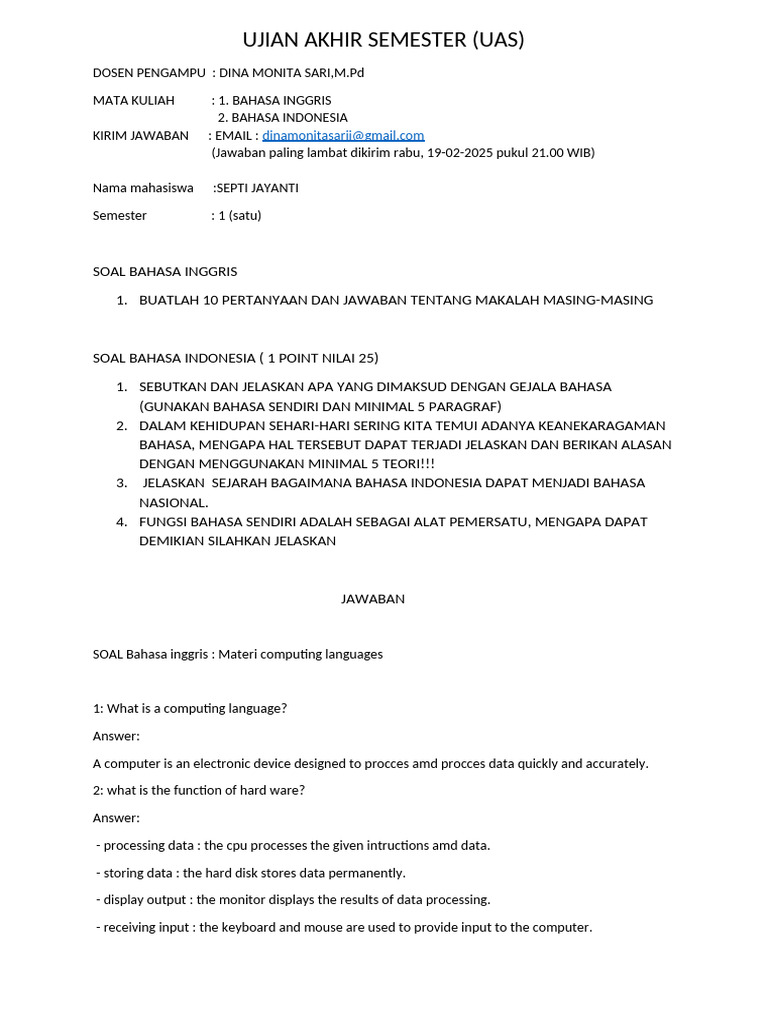 SOAL UAS BHSA INGGIRS DAN BAHASA INDONESIA , SEPTI JAYANTI ,SEMESTER 1 | PDF